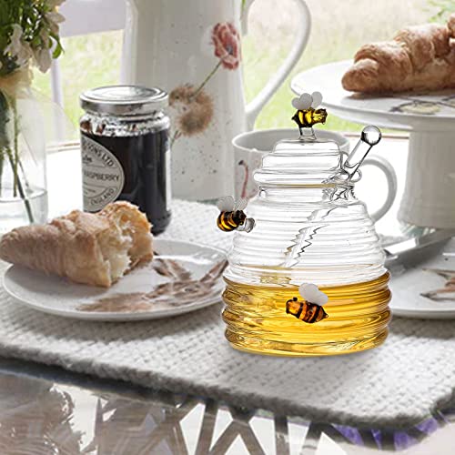 MuginoHo Honey Jar with Dipper and Lid Glass Honey Pot Container Dispenser for Home Kitchen Store Honey and Syrup, Unique Beehive Shape Honeypot