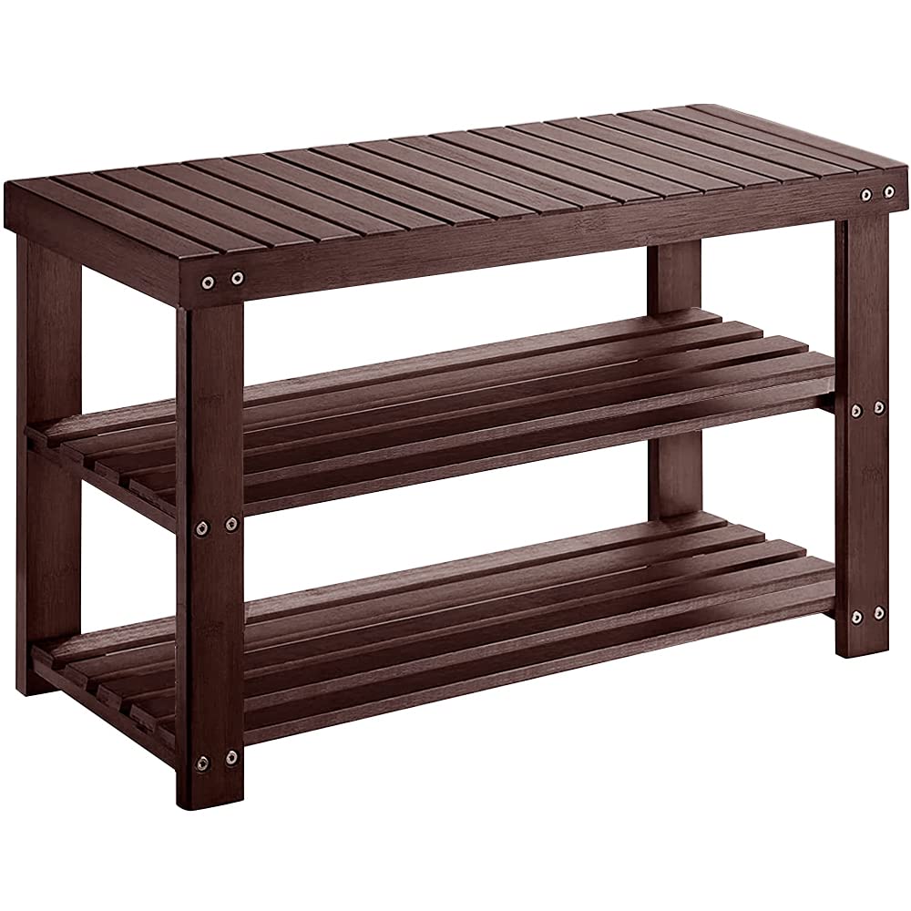 Wonder Comfort Shoe Rack Bench 3-Tier Bamboo Storage Organizer Shelf for Bathroom Entryway Hallway Corridor Living Room, Brown