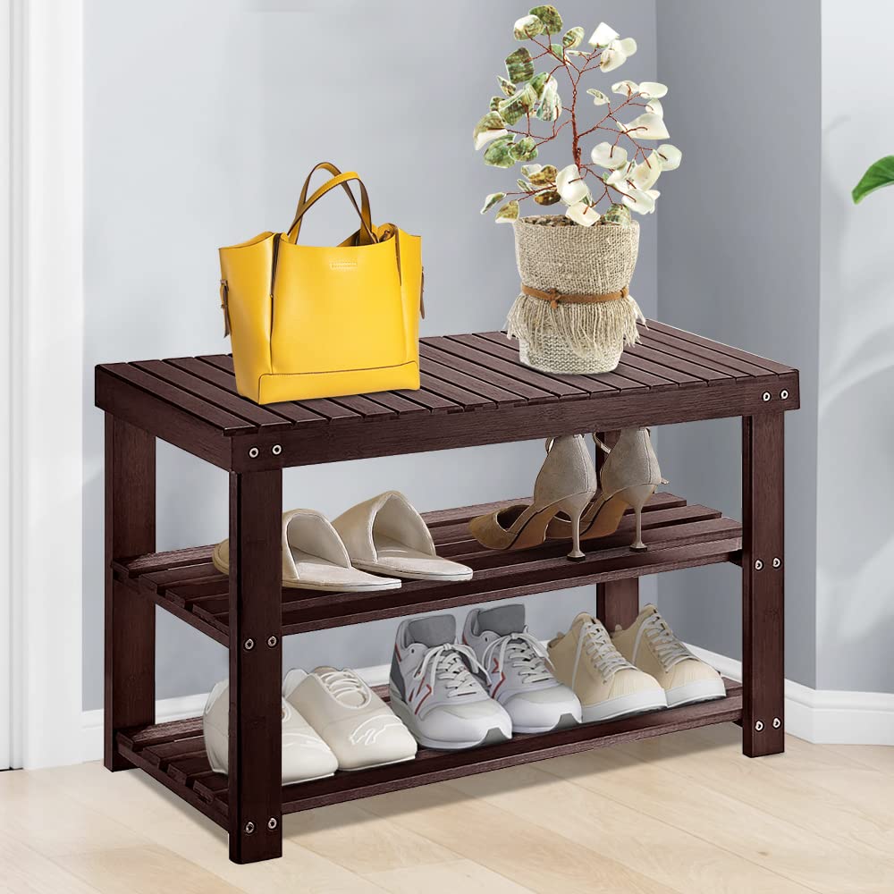 Wonder Comfort Shoe Rack Bench 3-Tier Bamboo Storage Organizer Shelf for Bathroom Entryway Hallway Corridor Living Room, Brown