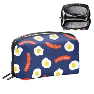 travel cord organizer, tech organizer, electronics organizer, cable organizer bag, poached egg bacon cartoon food navy blue