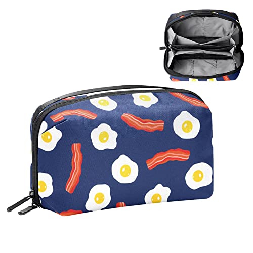 Travel Cord Organizer, Tech Organizer, Electronics Organizer, Cable Organizer Bag, Poached Egg Bacon Cartoon Food Navy Blue