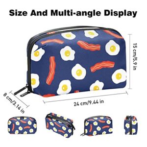 Travel Cord Organizer, Tech Organizer, Electronics Organizer, Cable Organizer Bag, Poached Egg Bacon Cartoon Food Navy Blue