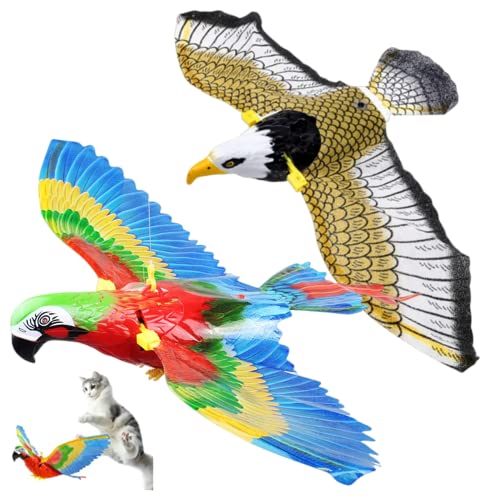 2 Pack Electronic Simulation Flying Bird Toy for Cats, with Light, Bird Interactive Cat Toy for Indoor Cats, Automatic Hanging Eagle Flying Bird Funny Cat Toy (2 Pack, Parrot & Eagle)