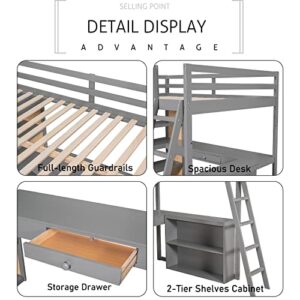 Harper & Bright Designs Loft Bed with Desk and Drawer, Wood Twin Desk,Shelves Cabinet Underneath, High Storage for Kids, Boys,Girls,Teens (Grey), Twin(Desk+Shelves+Ladder)