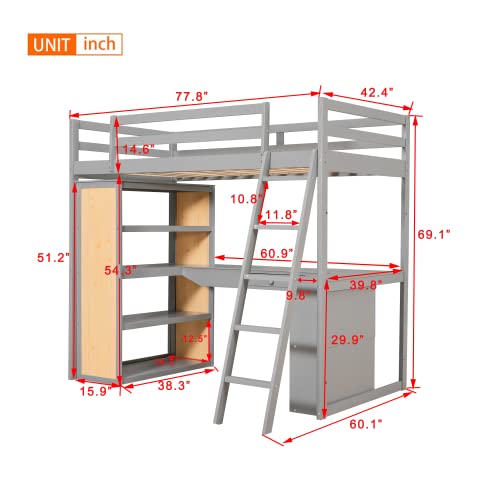 Harper & Bright Designs Loft Bed with Desk and Drawer, Wood Twin Desk,Shelves Cabinet Underneath, High Storage for Kids, Boys,Girls,Teens (Grey), Twin(Desk+Shelves+Ladder)