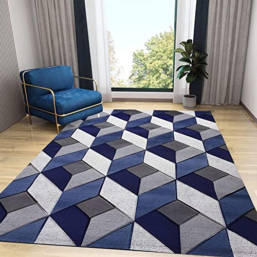 Blue Gray Geometric Texture Area Carpet, Modern Abstract Minimalism Outdoor Rug, Indoor Rugs Washable Non-Slip Breathable Durable for Living Room Bedroom Study Dining Room Office5 x 8ft