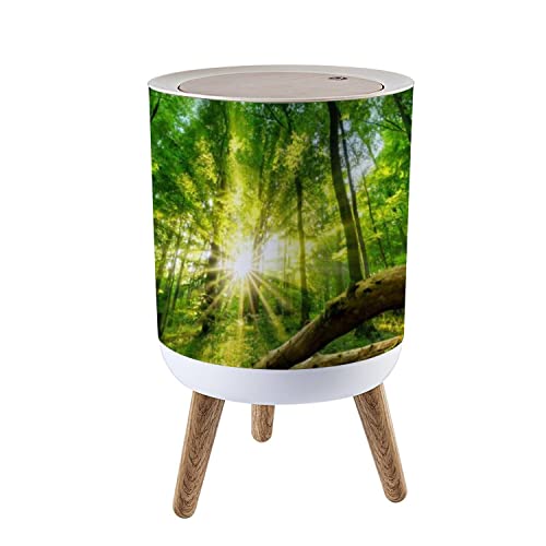 Small Trash Can with Lid Green Forest by Sun Garbage Bin Wood Waste Bin Press Cover Round Wastebasket for Bathroom Bedroom Diaper Office Kitchen