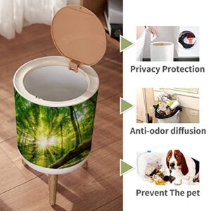 Small Trash Can with Lid Green Forest by Sun Garbage Bin Wood Waste Bin Press Cover Round Wastebasket for Bathroom Bedroom Diaper Office Kitchen