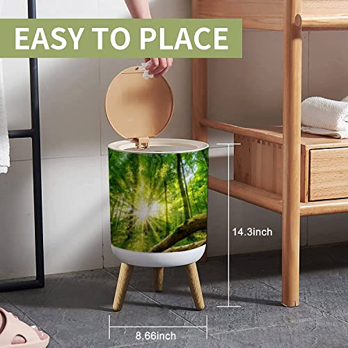 Small Trash Can with Lid Green Forest by Sun Garbage Bin Wood Waste Bin Press Cover Round Wastebasket for Bathroom Bedroom Diaper Office Kitchen