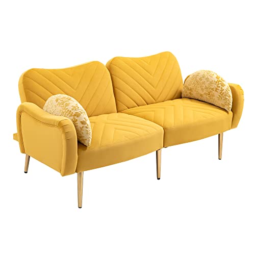 65" Velvet Futon Sofa Bed with 2 Pillows, Modern Accent Sofa Comfy Upholstered Sofa Loveseat Sleeper Bed Couch 2 Seater Folding Sofa for Small Space (Mustard)