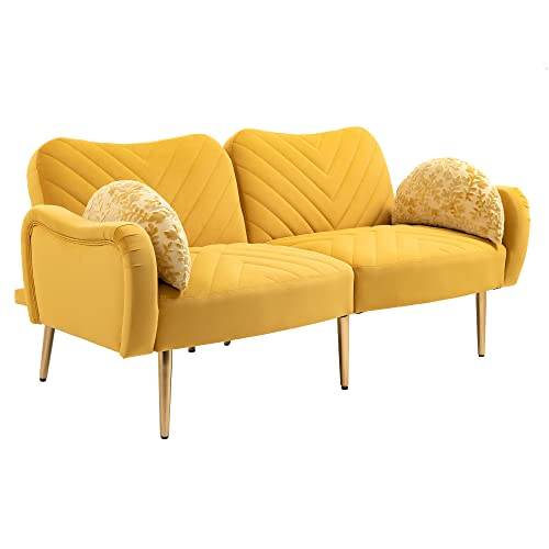 65" Velvet Futon Sofa Bed with 2 Pillows, Modern Accent Sofa Comfy Upholstered Sofa Loveseat Sleeper Bed Couch 2 Seater Folding Sofa for Small Space (Mustard)