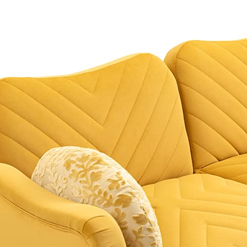 65" Velvet Futon Sofa Bed with 2 Pillows, Modern Accent Sofa Comfy Upholstered Sofa Loveseat Sleeper Bed Couch 2 Seater Folding Sofa for Small Space (Mustard)