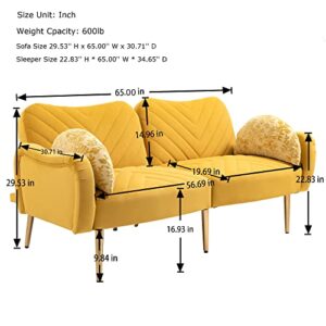 65" Velvet Futon Sofa Bed with 2 Pillows, Modern Accent Sofa Comfy Upholstered Sofa Loveseat Sleeper Bed Couch 2 Seater Folding Sofa for Small Space (Mustard)