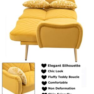 65" Velvet Futon Sofa Bed with 2 Pillows, Modern Accent Sofa Comfy Upholstered Sofa Loveseat Sleeper Bed Couch 2 Seater Folding Sofa for Small Space (Mustard)