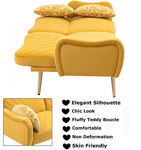 65" Velvet Futon Sofa Bed with 2 Pillows, Modern Accent Sofa Comfy Upholstered Sofa Loveseat Sleeper Bed Couch 2 Seater Folding Sofa for Small Space (Mustard)