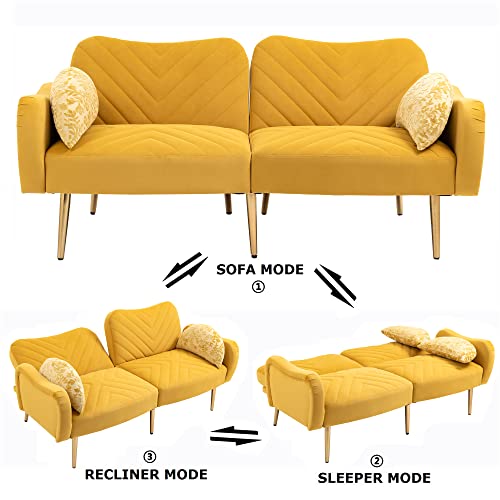 65" Velvet Futon Sofa Bed with 2 Pillows, Modern Accent Sofa Comfy Upholstered Sofa Loveseat Sleeper Bed Couch 2 Seater Folding Sofa for Small Space (Mustard)