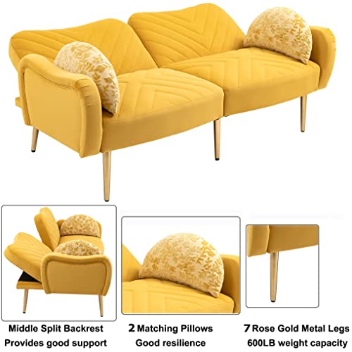 65" Velvet Futon Sofa Bed with 2 Pillows, Modern Accent Sofa Comfy Upholstered Sofa Loveseat Sleeper Bed Couch 2 Seater Folding Sofa for Small Space (Mustard)