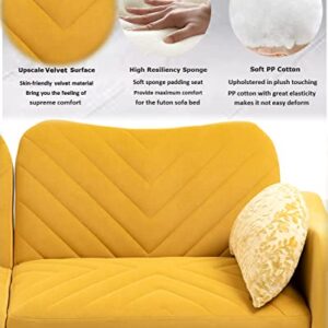 65" Velvet Futon Sofa Bed with 2 Pillows, Modern Accent Sofa Comfy Upholstered Sofa Loveseat Sleeper Bed Couch 2 Seater Folding Sofa for Small Space (Mustard)