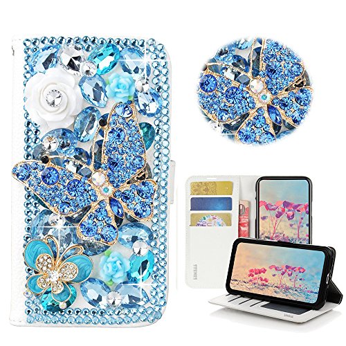 STENES Bling Wallet Phone Case Compatible with Samsung Galaxy S23 Ultra Case - Stylish - 3D Handmade Butterfly Flowers Design Magnetic Wallet Stand Leather Cover Case - Blue