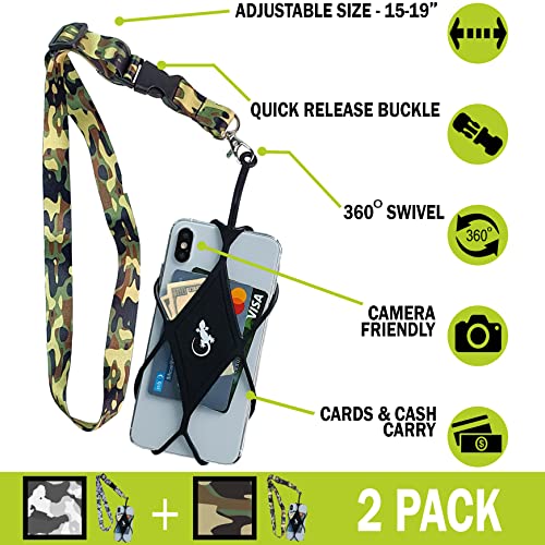 Gecko Travel Tech Lanyard Phone Holder x2 - Universal Phone Lanyards for Around The Neck with Silicone Pocket (2 PACK - CAMO SET)