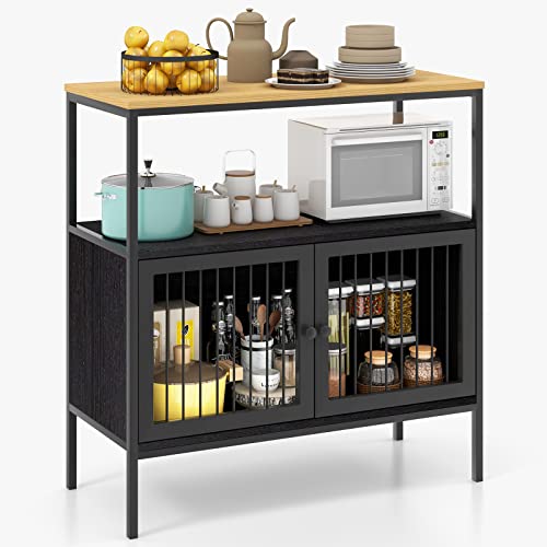 PETSITE Sideboard Buffet with Storage Cabinet & Shelves, Wooden Microwave Oven Stand with Metal Frame, Coffee Bar Station for Home Kitchen