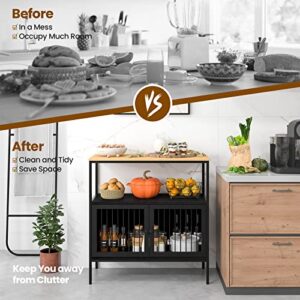 PETSITE Sideboard Buffet with Storage Cabinet & Shelves, Wooden Microwave Oven Stand with Metal Frame, Coffee Bar Station for Home Kitchen