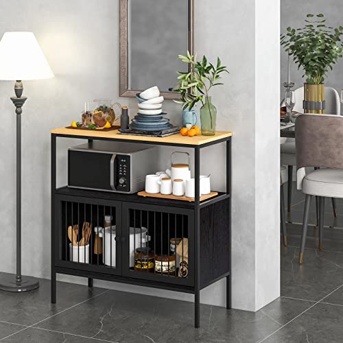 PETSITE Sideboard Buffet with Storage Cabinet & Shelves, Wooden Microwave Oven Stand with Metal Frame, Coffee Bar Station for Home Kitchen