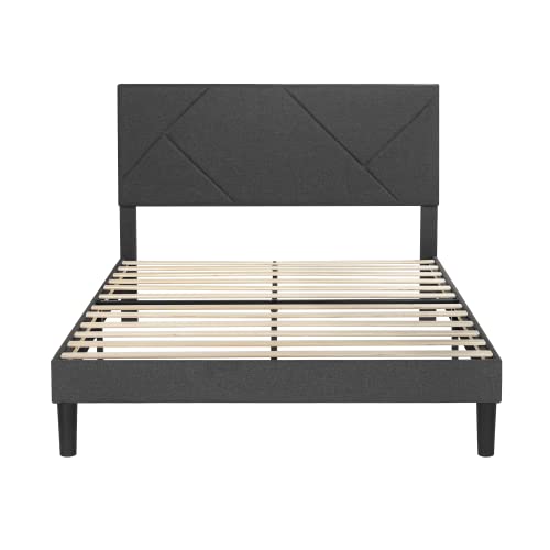 ikalido Queen Size Upholstered Platform Bed Frame with Geometric Upholstered Headboard, Strong Wood Slats Support, Mattress Foundation, Dark Grey