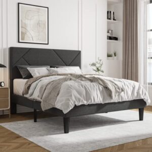 ikalido queen size upholstered platform bed frame with geometric upholstered headboard, strong wood slats support, mattress foundation, dark grey