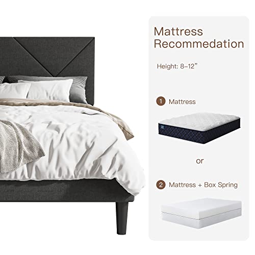 ikalido Queen Size Upholstered Platform Bed Frame with Geometric Upholstered Headboard, Strong Wood Slats Support, Mattress Foundation, Dark Grey