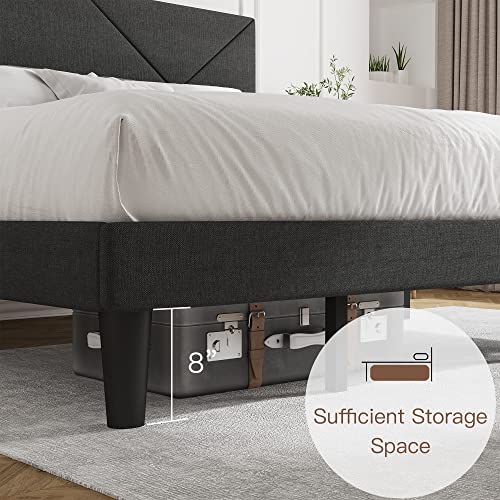 ikalido Queen Size Upholstered Platform Bed Frame with Geometric Upholstered Headboard, Strong Wood Slats Support, Mattress Foundation, Dark Grey