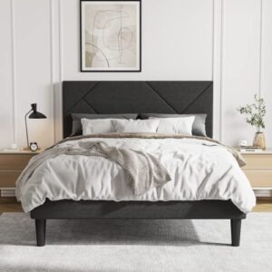 ikalido Queen Size Upholstered Platform Bed Frame with Geometric Upholstered Headboard, Strong Wood Slats Support, Mattress Foundation, Dark Grey