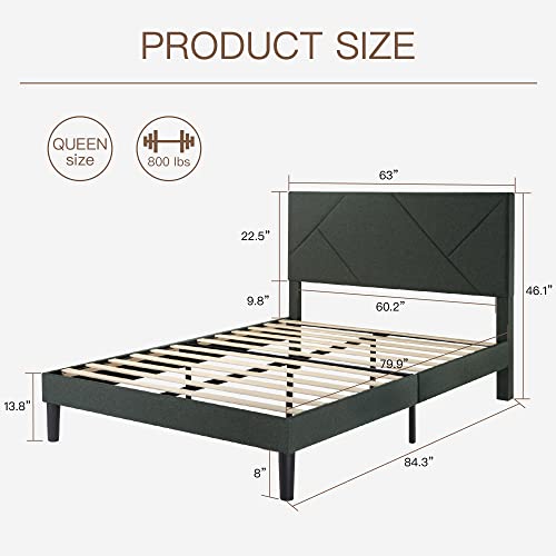 ikalido Queen Size Upholstered Platform Bed Frame with Geometric Upholstered Headboard, Strong Wood Slats Support, Mattress Foundation, Dark Grey