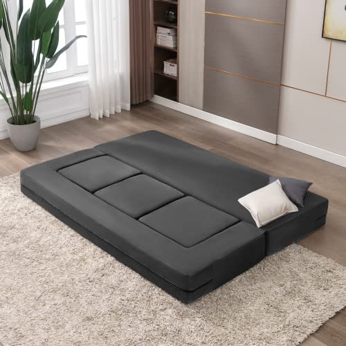 CECER Convertible Futon Sofa Bed with 3 Ottomans, Memory Foam Pull Out Couch, Velvet Fold Out Sleeper Sofa Couch, Foldable Mattress Floor Sofa for Living Room/Bedroom/Office, Dark Grey