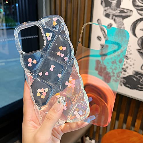 Qokey Compatible with iPhone 14 Pro Max Case 6.7",Cute Laser Gradual Bling Love Heart Glitter Clear+Translucent Card Soft Wave Frame Anti-Falling 3D Thick Shockproof Phone Cover(for 14 Pro Max 6.7")