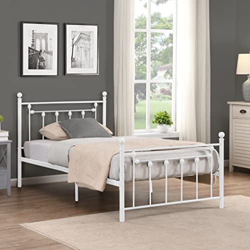 Anwickmak Twin Size Metal Bed Frame with Headboard and Footboard/No Box Spring Needed Mattress Foundation (White)