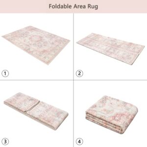 Auruge Area Rug - 5x7 Indoor Vintage Rugs Soft Fuzzy Shaggy Carpet Distressed Pink Accent Rug Non-Slip Non Shedding & Machine Washable Rug for Dining Room Living Room Bedroom Office