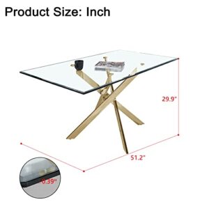 51'' Glass Dining Table with Tempered Glass Top, Gold Stainless Steel Legs Rectangular Table for 4 or 6 Person, Modern Kitchen Table Furniture for Home Office Dining Room, Elegant Clear Glass Table