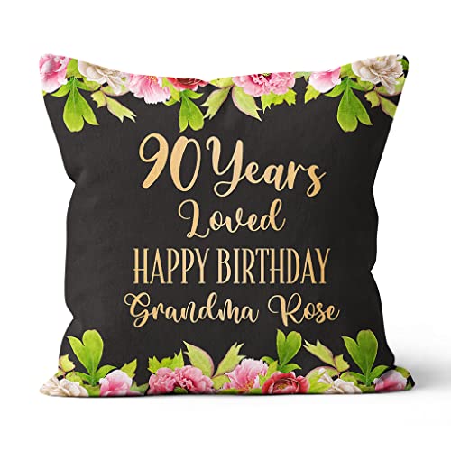 Personalized Square Pillow for Grandmother Grandma from Grandkids Birthday Funny Gifts 90 Years Loved Happy Birthday Flower Custom Name Year Double Sided Sofa Couch Cushion for Birthday