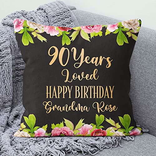 Personalized Square Pillow for Grandmother Grandma from Grandkids Birthday Funny Gifts 90 Years Loved Happy Birthday Flower Custom Name Year Double Sided Sofa Couch Cushion for Birthday