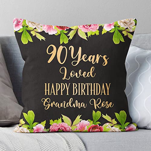 Personalized Square Pillow for Grandmother Grandma from Grandkids Birthday Funny Gifts 90 Years Loved Happy Birthday Flower Custom Name Year Double Sided Sofa Couch Cushion for Birthday