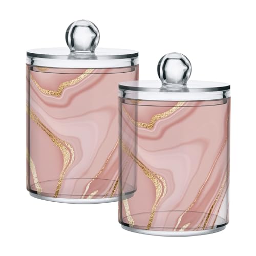 Moudou Pink Marble Qtip Holder Dispenser 4 Pack, 15 oz Clear Plastic Apothecary Jar Set for Bathroom Canister Cosmetics Storage Organizer for Cotton Ball, Cotton Swab, Floss Picks