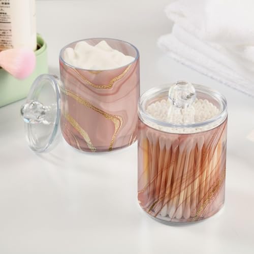 Moudou Pink Marble Qtip Holder Dispenser 4 Pack, 15 oz Clear Plastic Apothecary Jar Set for Bathroom Canister Cosmetics Storage Organizer for Cotton Ball, Cotton Swab, Floss Picks