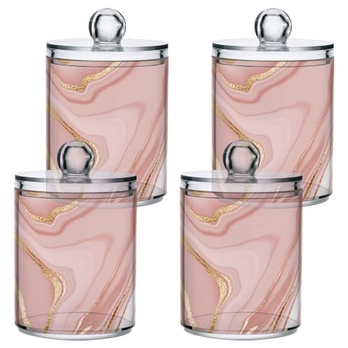 Moudou Pink Marble Qtip Holder Dispenser 4 Pack, 15 oz Clear Plastic Apothecary Jar Set for Bathroom Canister Cosmetics Storage Organizer for Cotton Ball, Cotton Swab, Floss Picks