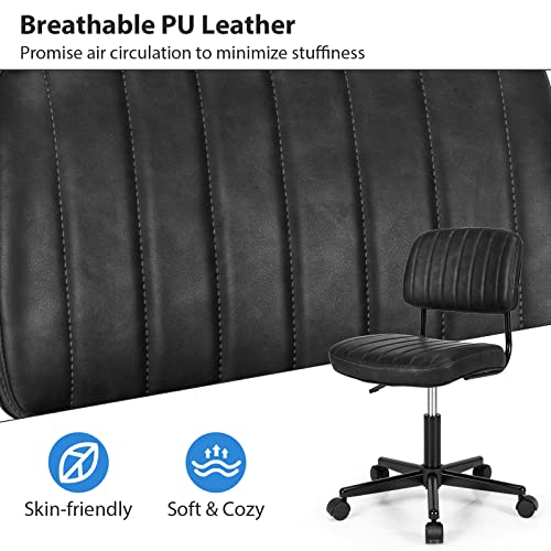 COSTWAY Leisure Home Office Chair, Armless PU Leather Swivel Task Chair, Height Adjustable Rolling Computer Desk Chair for Kids Teens Adults (Black)