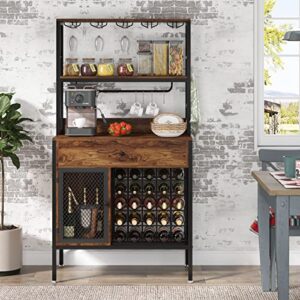 Litter Tree 32-Bottle Wine Rack, Freestanding Wine Bar Rack, Coffee Bar Cabinet with Glass Bottle Holder, Floor Liquor Wine Cabinet Wine Bakers Rack for Home Kitchen, Dining Room, Rustic Brown