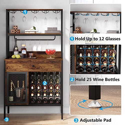 Litter Tree 32-Bottle Wine Rack, Freestanding Wine Bar Rack, Coffee Bar Cabinet with Glass Bottle Holder, Floor Liquor Wine Cabinet Wine Bakers Rack for Home Kitchen, Dining Room, Rustic Brown