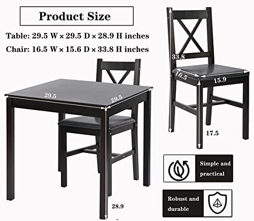 Pazidom Small Dining Table Set 3 Piece Wood Dinning Room Table Set for 2, Square Kitchen Table and 2 Chairs, Space Saving Dinette for Kitchen, Dining Room, Appartment, Dark Brown