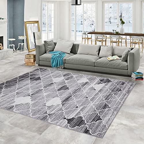 Zacoo 4x6 Modern Rug, Chic Geometric Thin Rug Low Pile Floor Cover Moroccan Trellis Area Rug Washable Indoor Anti-Slip Throw Carpet for Living Room Bedroom Entry Dining Room Floor Carpet, Grey