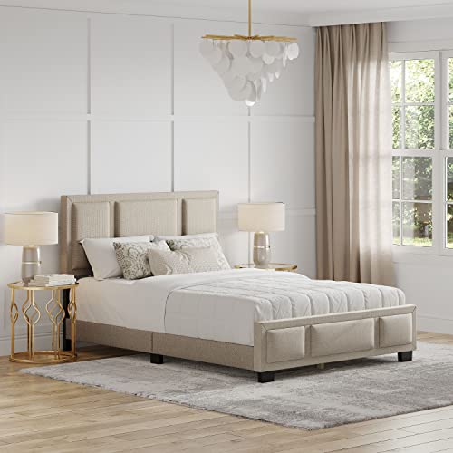 Boyd Sleep Triptych Platform Bed Frame with Fabric Upholstered Headboard and Wooden Slats Supports; Box Spring NOT Required, Linen, Beige, Queen